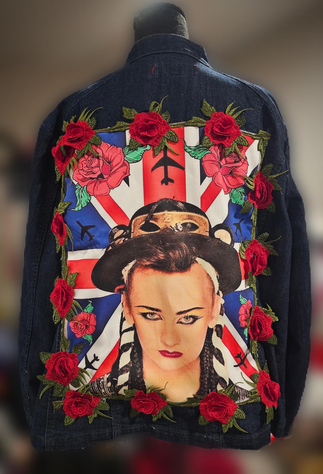 Boy George Roses and Union Jack Denim Jacket - Etsy