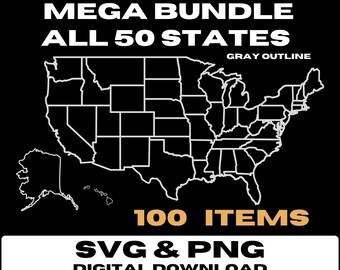 50 States Mega Bundle SVG and PNG, 100 Items Total, Digital Download ...