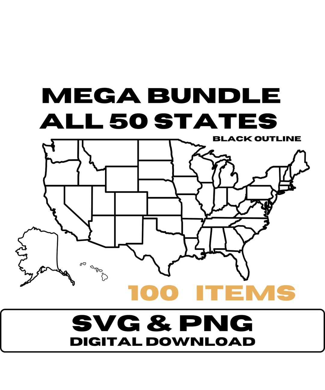 50 States Mega Bundle SVG and PNG, 100 Items Total, Digital Download ...