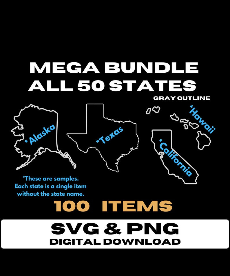 50 States Mega Bundle SVG and PNG, 100 Items Total, Digital Download ...