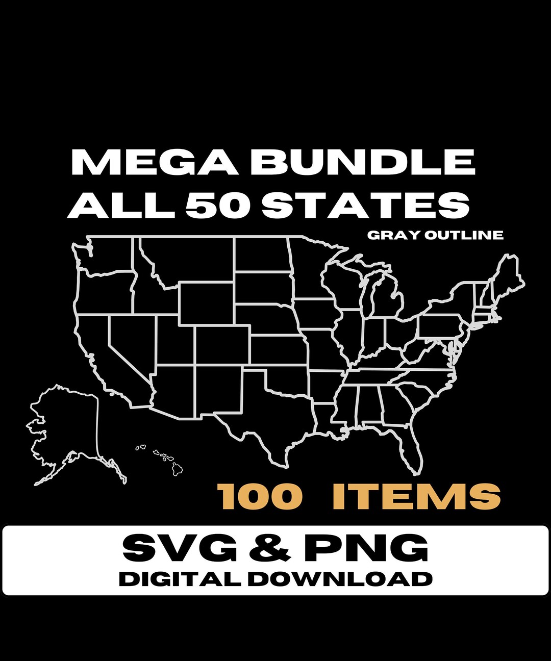 50 States Mega Bundle SVG and PNG, 100 Items Total, Digital Download ...