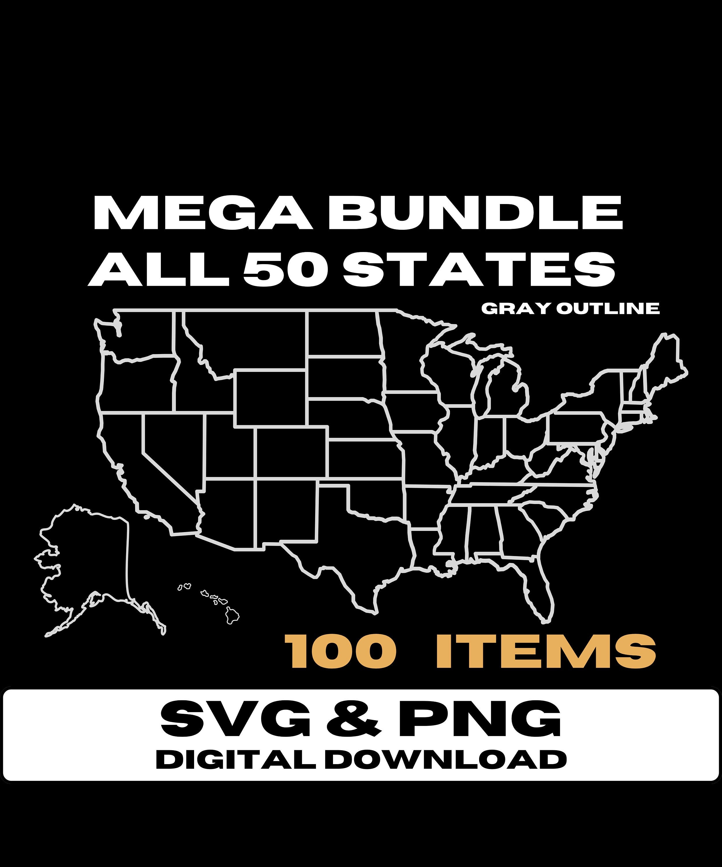 50 States Mega Bundle SVG and PNG, 100 Items Total, Digital Download ...