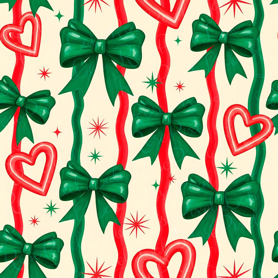 Coquette Christmas Bows Seamless Pattern, Candy Cane Hearts (digital ...