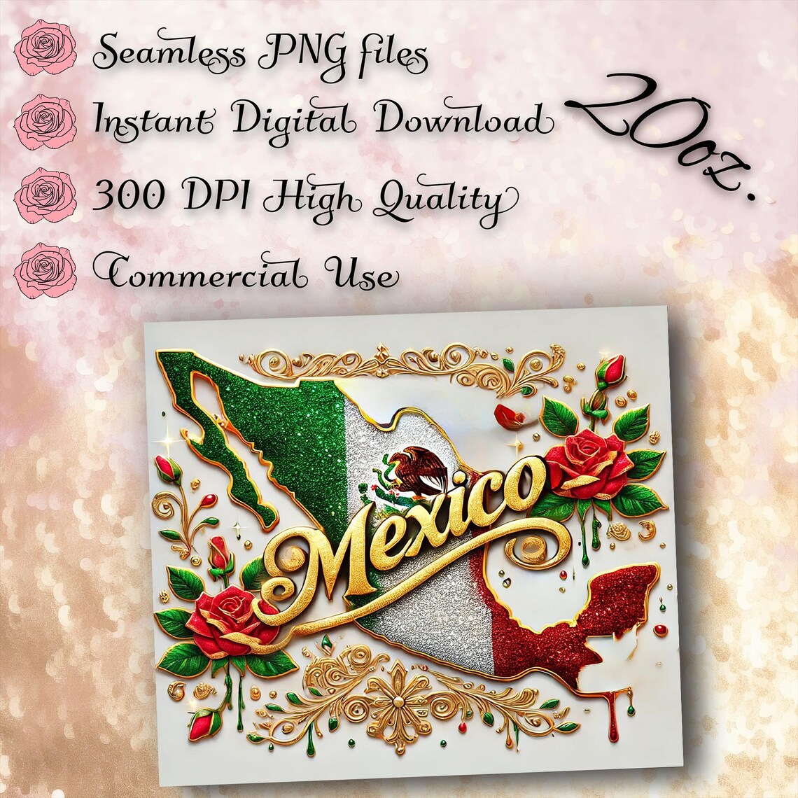 Gold Glitter Mexico Map Tumbler Wrap, Roses (PNG Digital Download) - Etsy