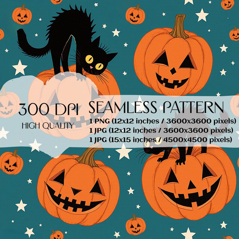 Retro Halloween Collage Seamless Pattern, Spooky Black Cat (PNG JPG) - Etsy