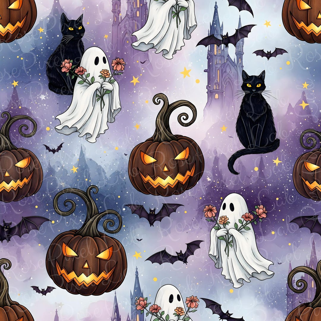 Halloween Ghost & Black Cat Seamless Pattern (PNG, JPG) - Etsy