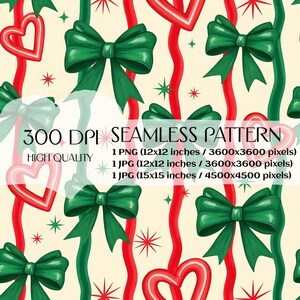 Coquette Christmas Bows Seamless Pattern, Candy Cane Hearts (digital ...