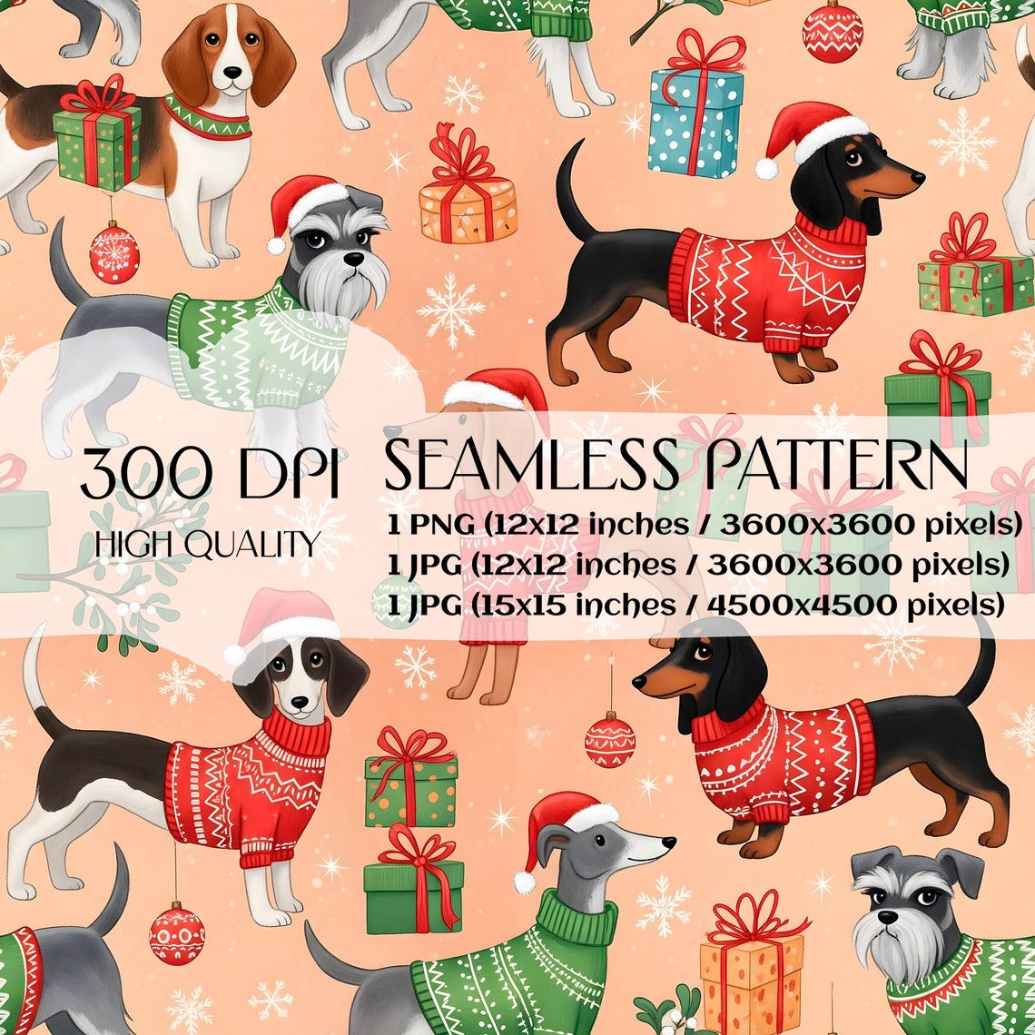 Christmas Dogs Seamless Pattern Holiday Puppy Digital Paper for Fabric ...
