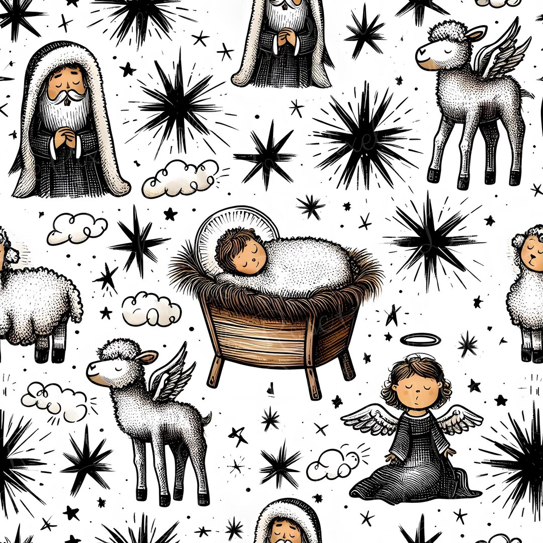 Baby Jesus Neutral Seamless Digital Pattern Animals Nativity Biblical ...
