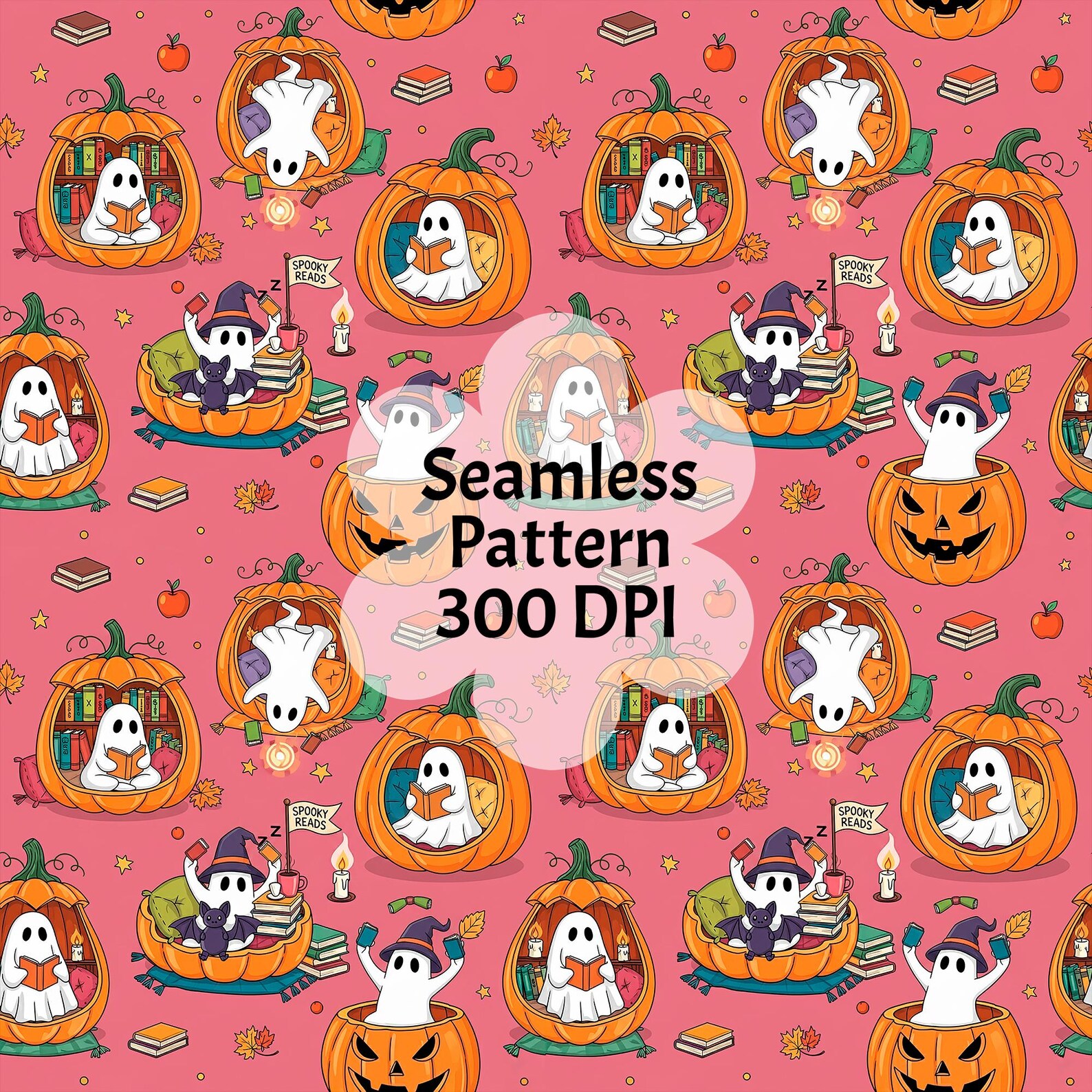 Ghoul Book Club Seamless Pattern File Ghost Pumpkin Reading Design ...