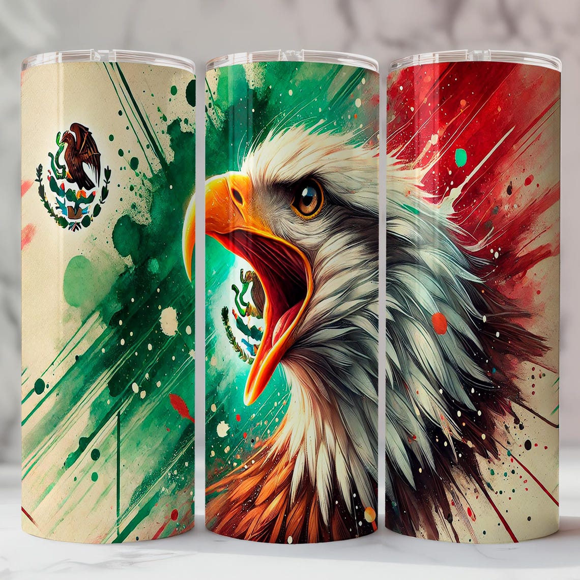Watercolor Mexican Flag Eagle PNG Mexico Tumbler Wrap Sublimation Seamless Design, Patriotic Png ...