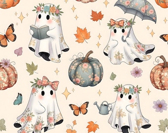 Trendy Preppy Seamless Halloween Pattern Floral Ghost Spooky Autumn ...