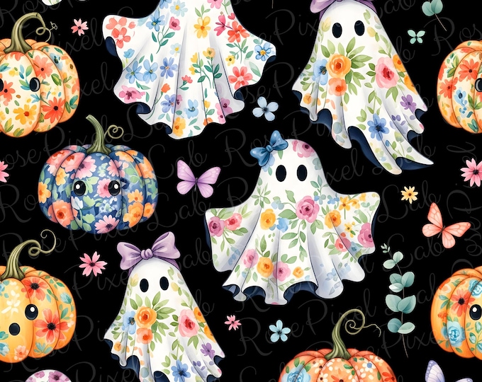 Trendy Colorful Floral Ghosts Repeat Pattern Spring Fall Pumpkin ...