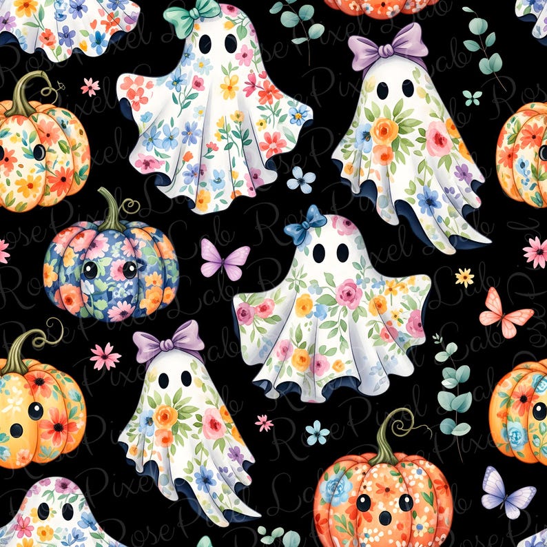 Trendy Colorful Floral Ghosts Repeat Pattern Spring Fall Pumpkin ...