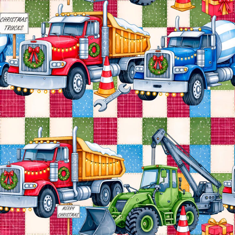 Christmas Red Trucks Construction Boy Dump Truck Kid Retro Checkered ...