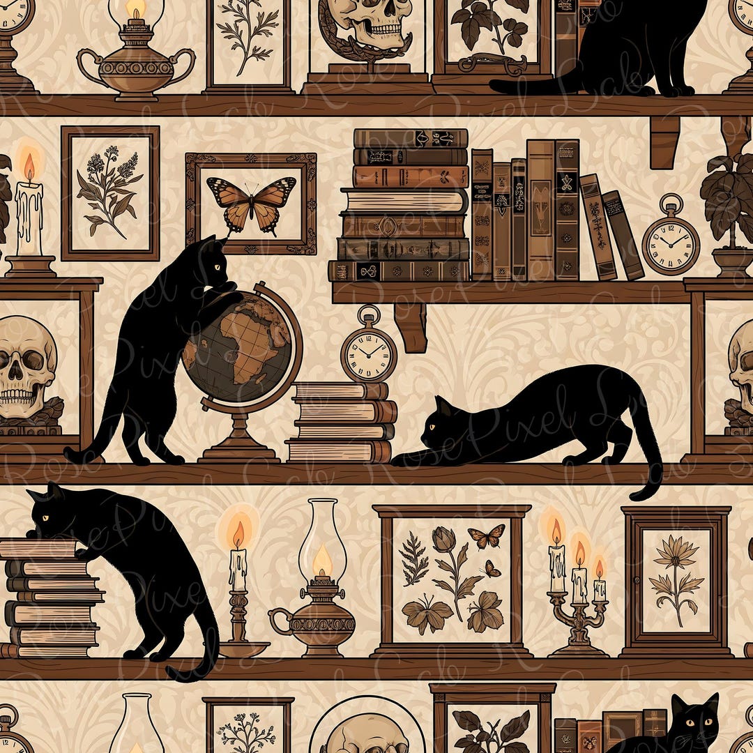 Black Halloween Cat in the Library Seamless Pattern File for Commercial ...