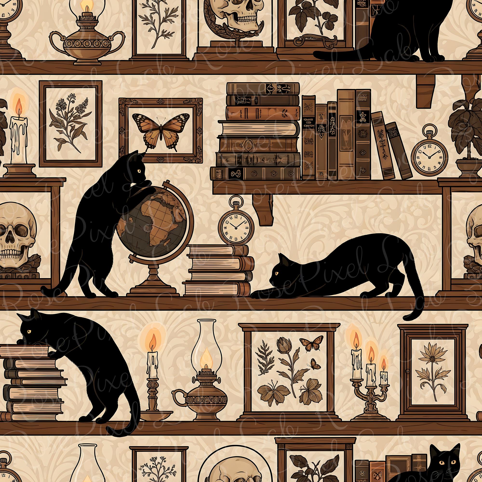 Black Halloween Cat in the Library Seamless Pattern File for Commercial ...
