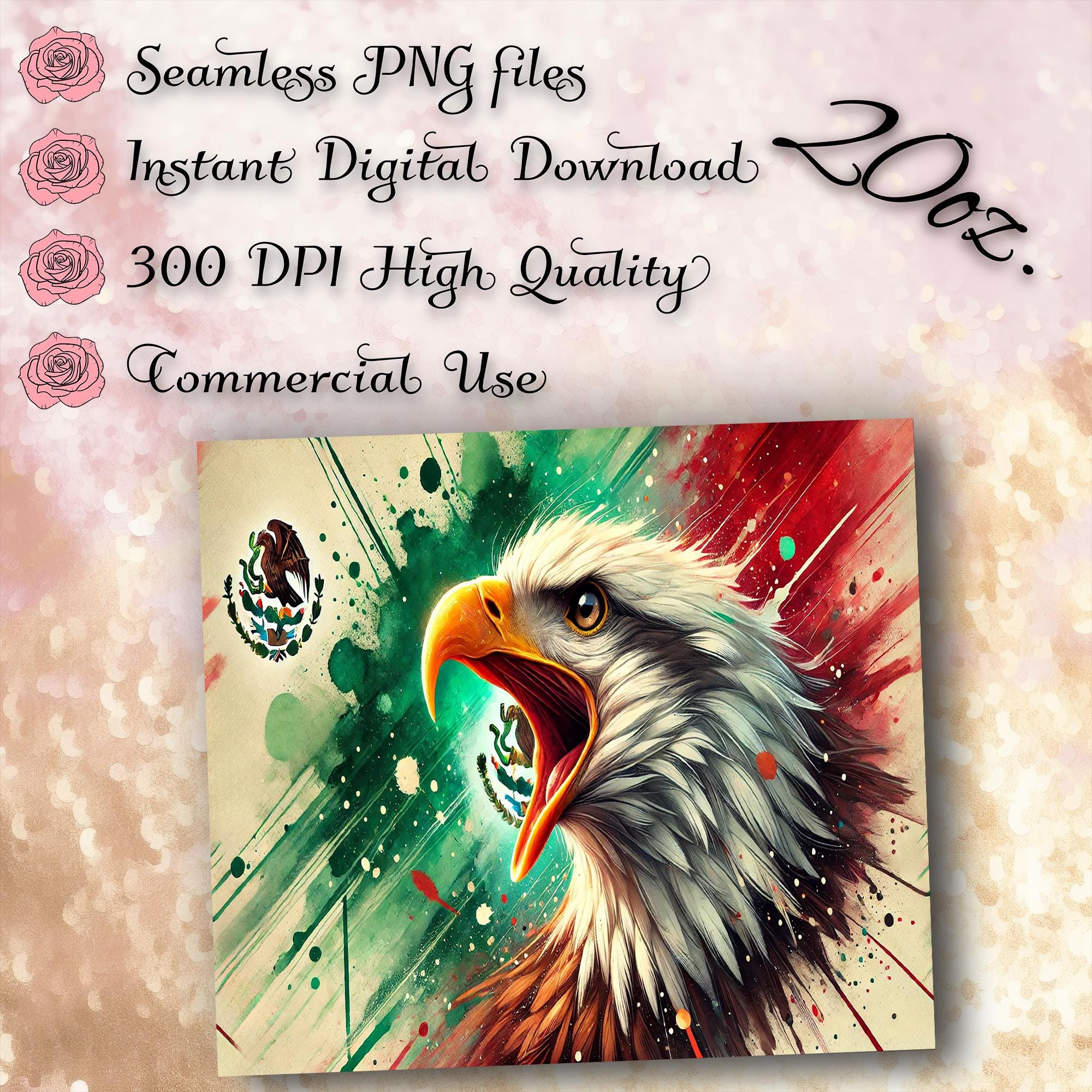Watercolor Mexican Flag Eagle PNG Mexico Tumbler Wrap Sublimation Seamless Design, Patriotic Png ...