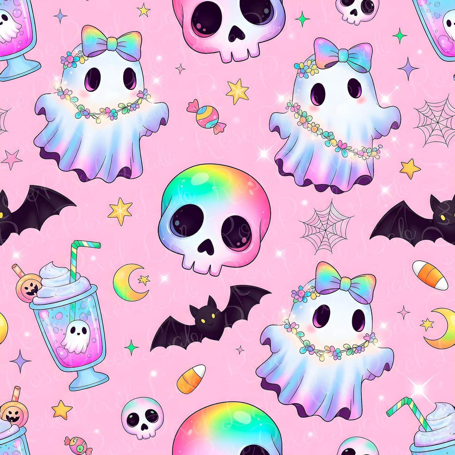 Iridescent Pink Coquette Spooky Bow Halloween Seamless Trendy Ghost ...
