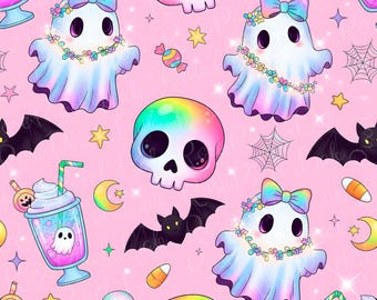 Iridescent Pink Coquette Spooky Bow Halloween Seamless Trendy Ghost ...
