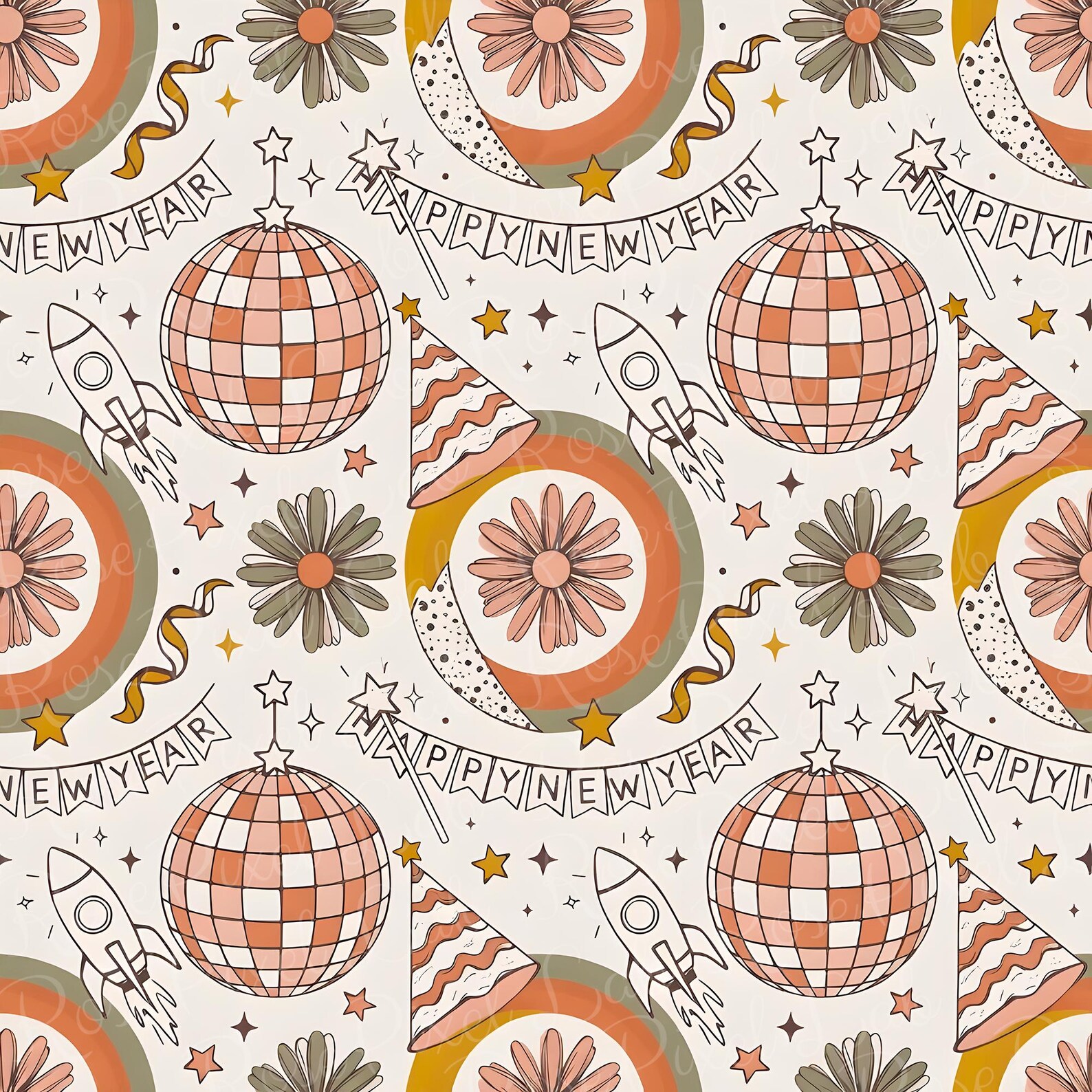 Neutral Boho Retro Happy New Year: Seamless Pattern Surface Pattern ...