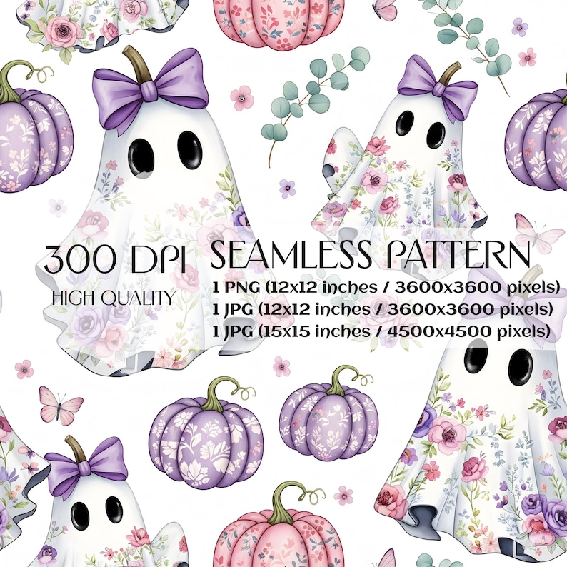 Trendy Preppy Seamless Halloween Pattern Floral Ghost Spooky Autumn ...
