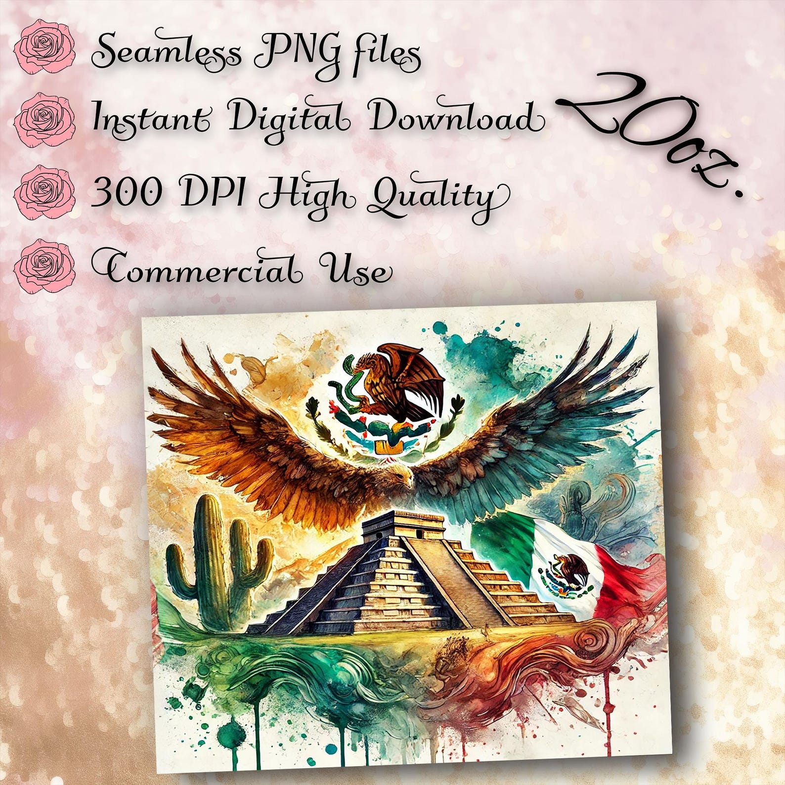 Mexico Flag Tumbler Wrap Design, Aztec Pyramid (PNG) - Etsy