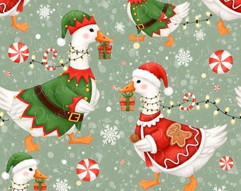 Christmas Geese Seamless Pattern, Holiday Elf Goose Fabric (digital ...