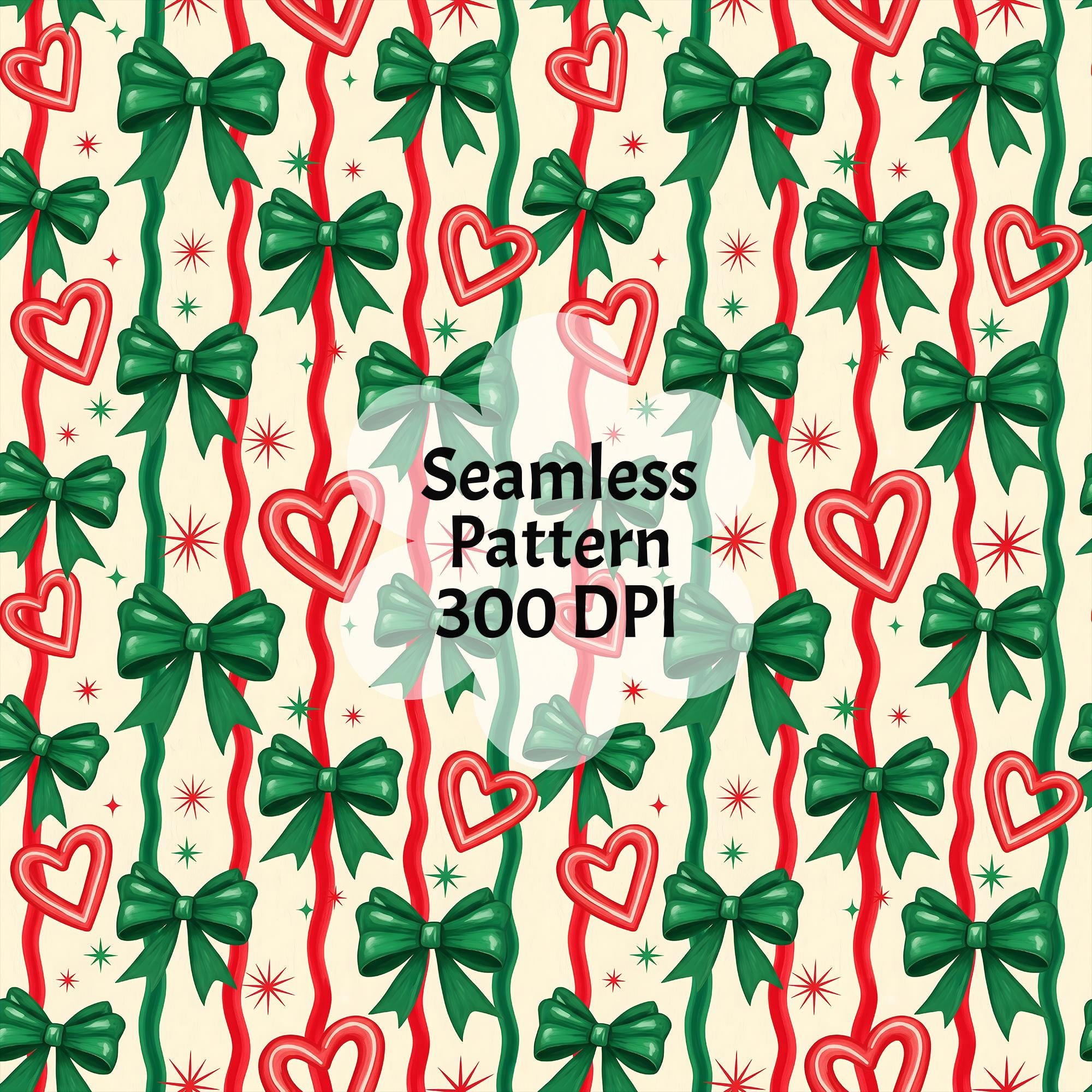 Coquette Christmas Bows Seamless Pattern, Candy Cane Hearts (digital ...