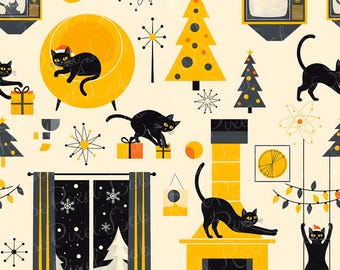 Retro Black Cats Christmas Cozy Seamless Pattern Floral for Commercial ...