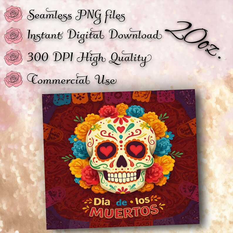 Dia De Muertos Skull Sublimation Design, Tumbler Clipart (digital ...