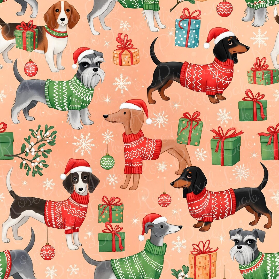 Christmas Dogs Seamless Pattern Holiday Puppy Digital Paper for Fabric ...