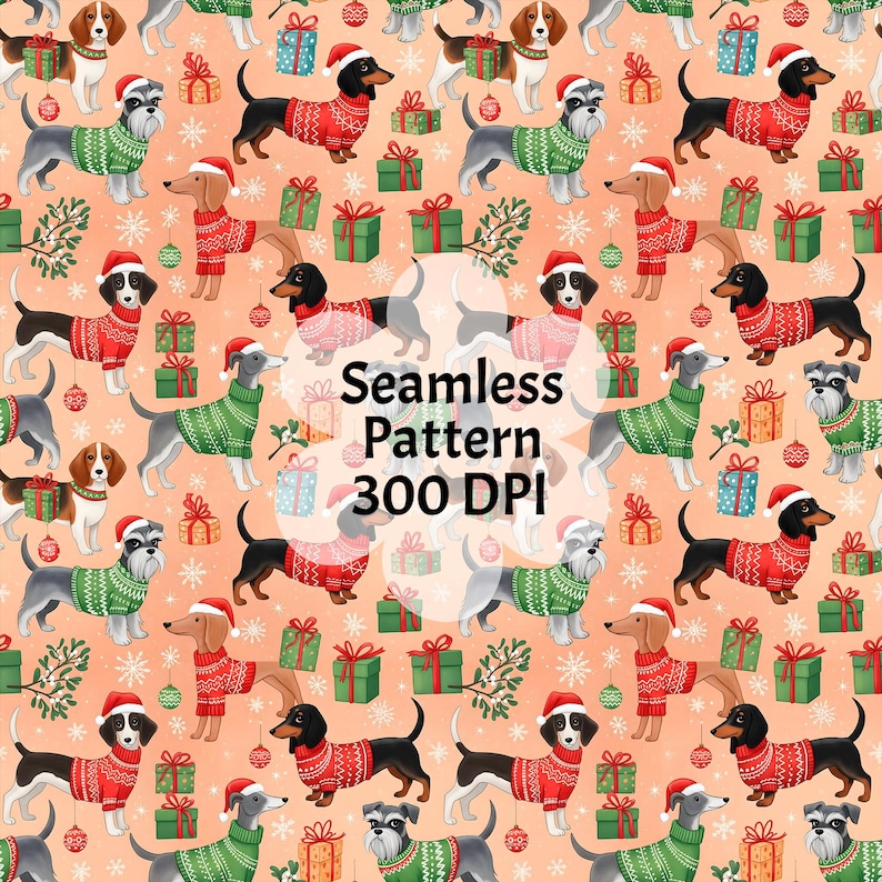 Christmas Dogs Seamless Pattern Holiday Puppy Digital Paper for Fabric ...