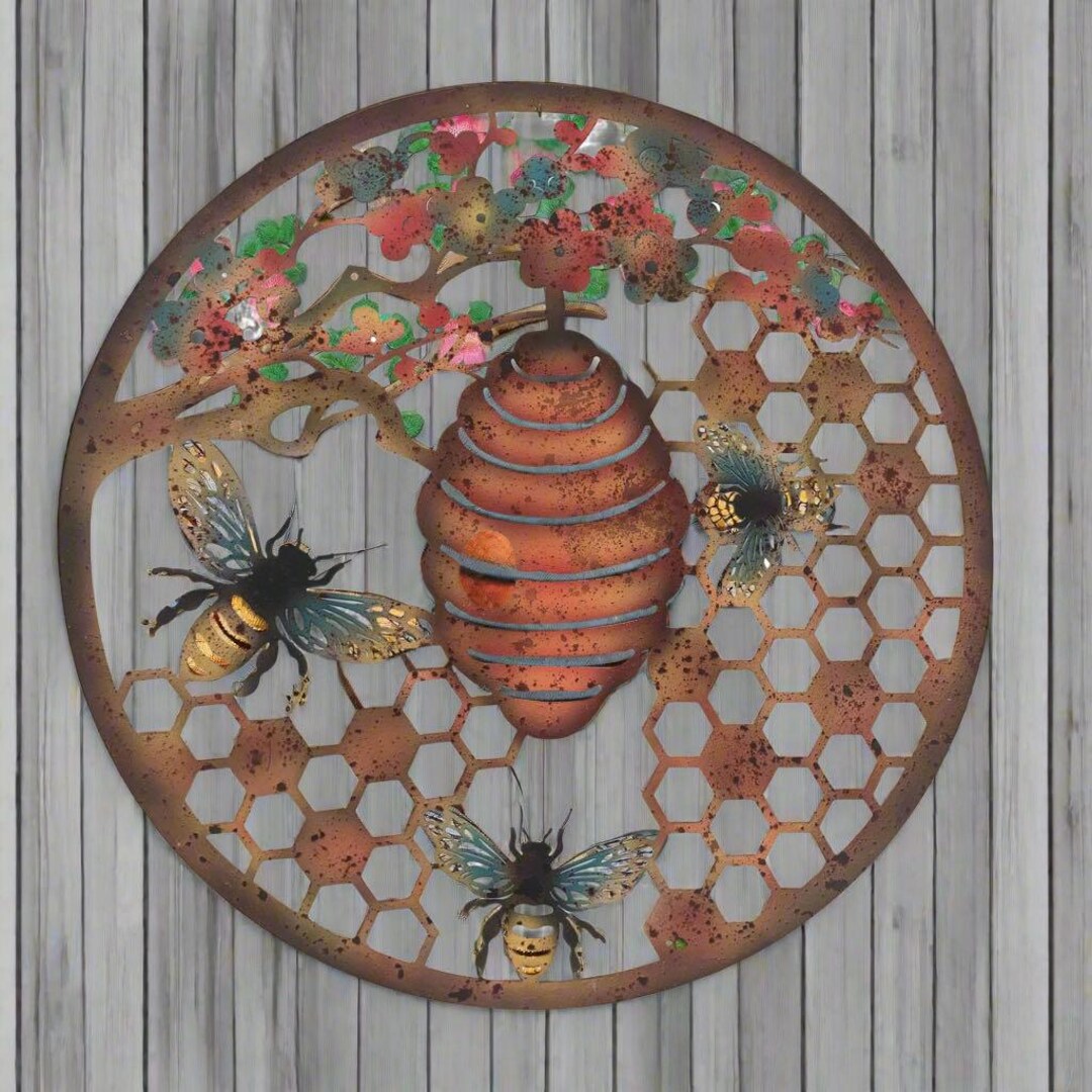 Handmade 40cm Bee and Bee Hive Wall Plaque, Colourful Metal, Garden ...