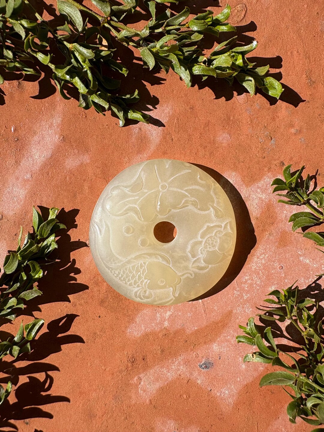 Antique Jade Koi Fish With Lotus Flower Pendant, Chinese Nephrite Hand ...