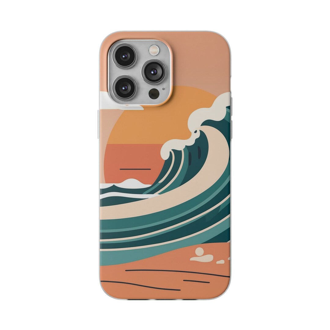 Vintage Beach Ocean Waves Line Art Flexi Phone Case Retro Style, Soft ...