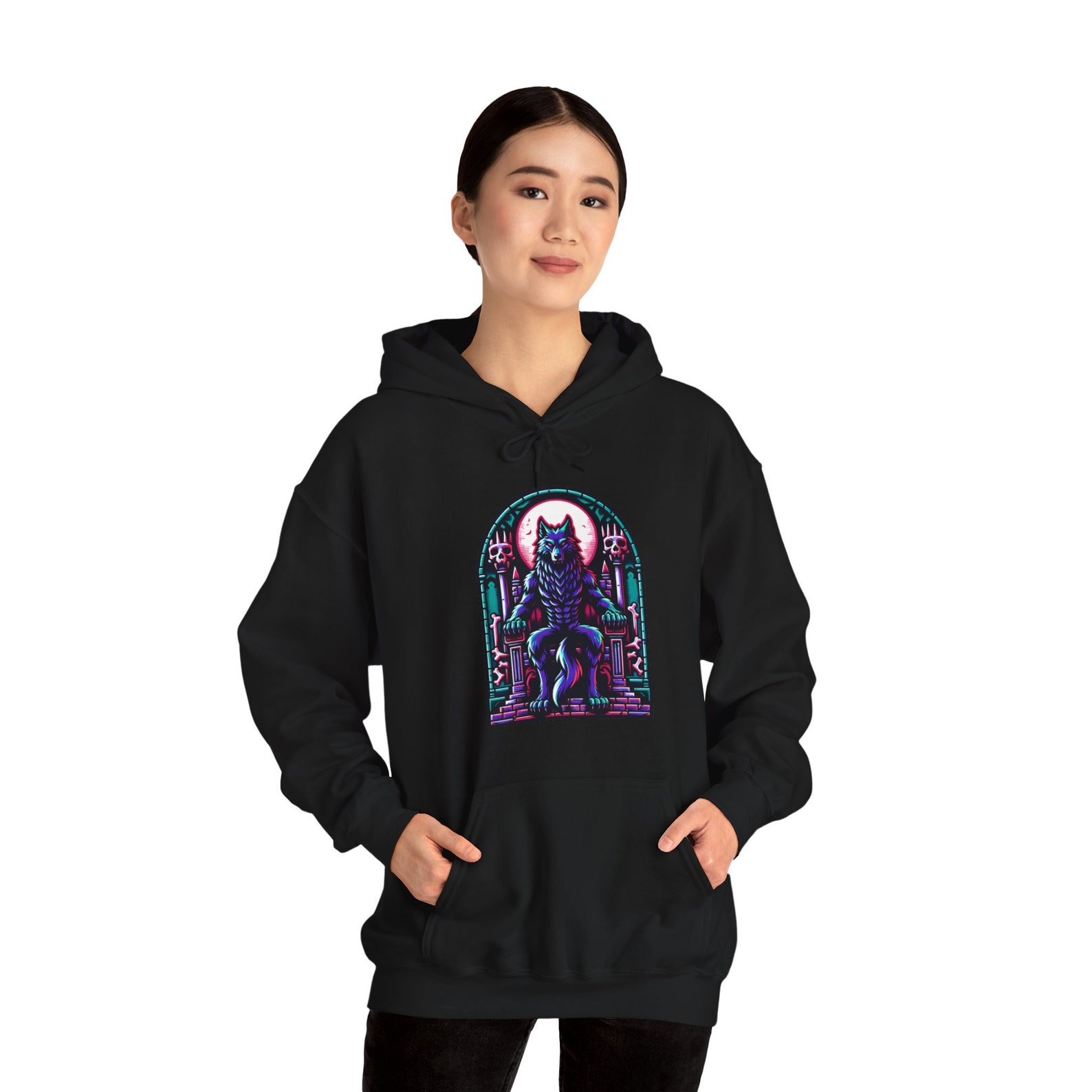 Purple Werewolf King Sitting on a Gothic Throne of Bones Hoodie Stand ...