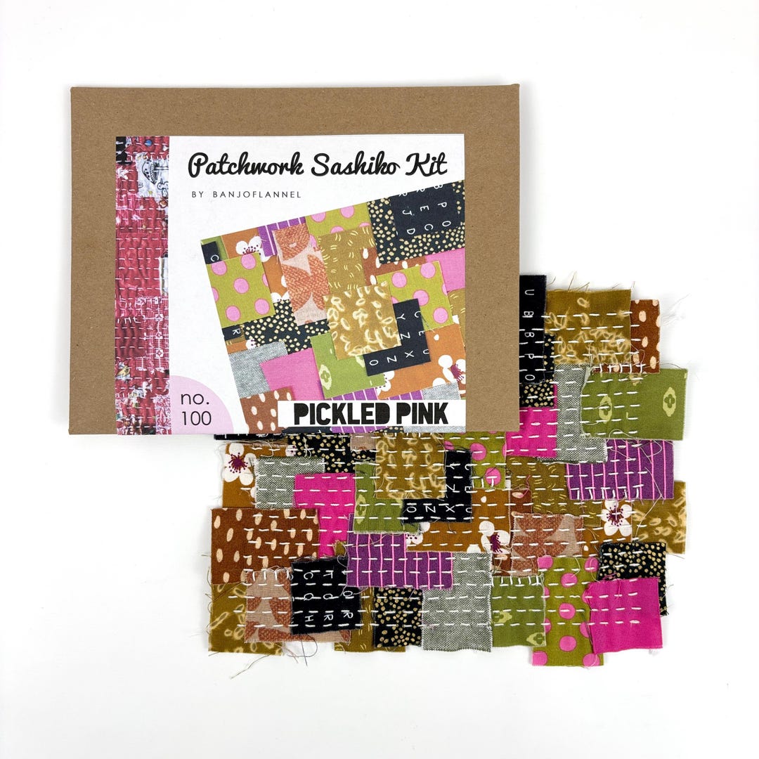 Pickled Pink - Patchwork Sashiko Kit, Slow Stitch, Craft, Sewing, Kit, Embroidery, Kantha, Boro ...