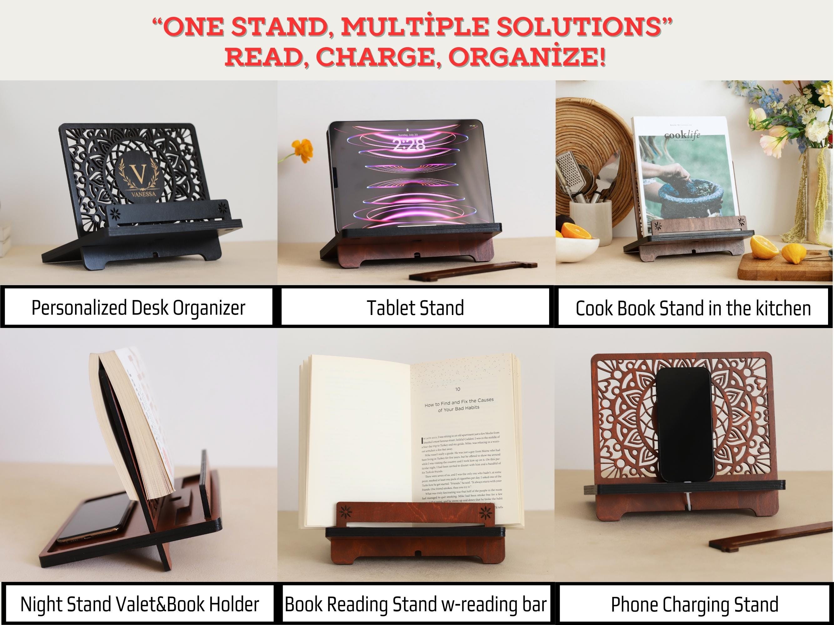 Book Stand With Phone & Tablet Holder, Multipurpose Wooden Stand, Gift ...