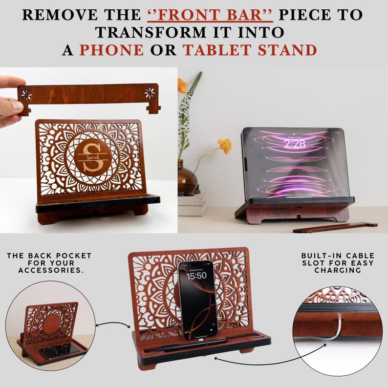 Book Stand With Phone & Tablet Holder, Multipurpose Wooden Stand, Gift ...
