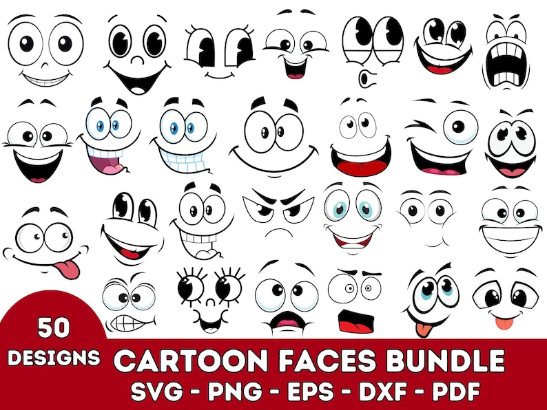Cartoon Emotion Faces SVG Bundle, Kawaii Face SVG, Cute Funny Face SVG ...
