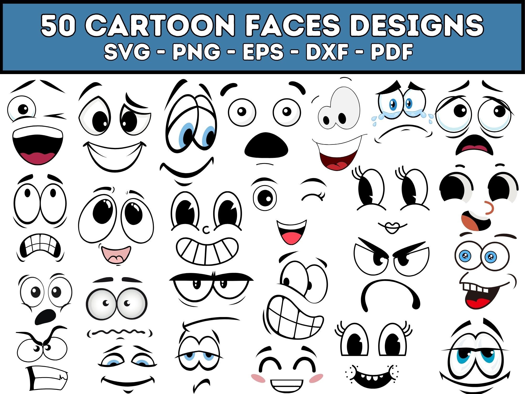Cartoon Emotion Faces SVG Bundle, Kawaii Face SVG, Cute Funny Face SVG ...