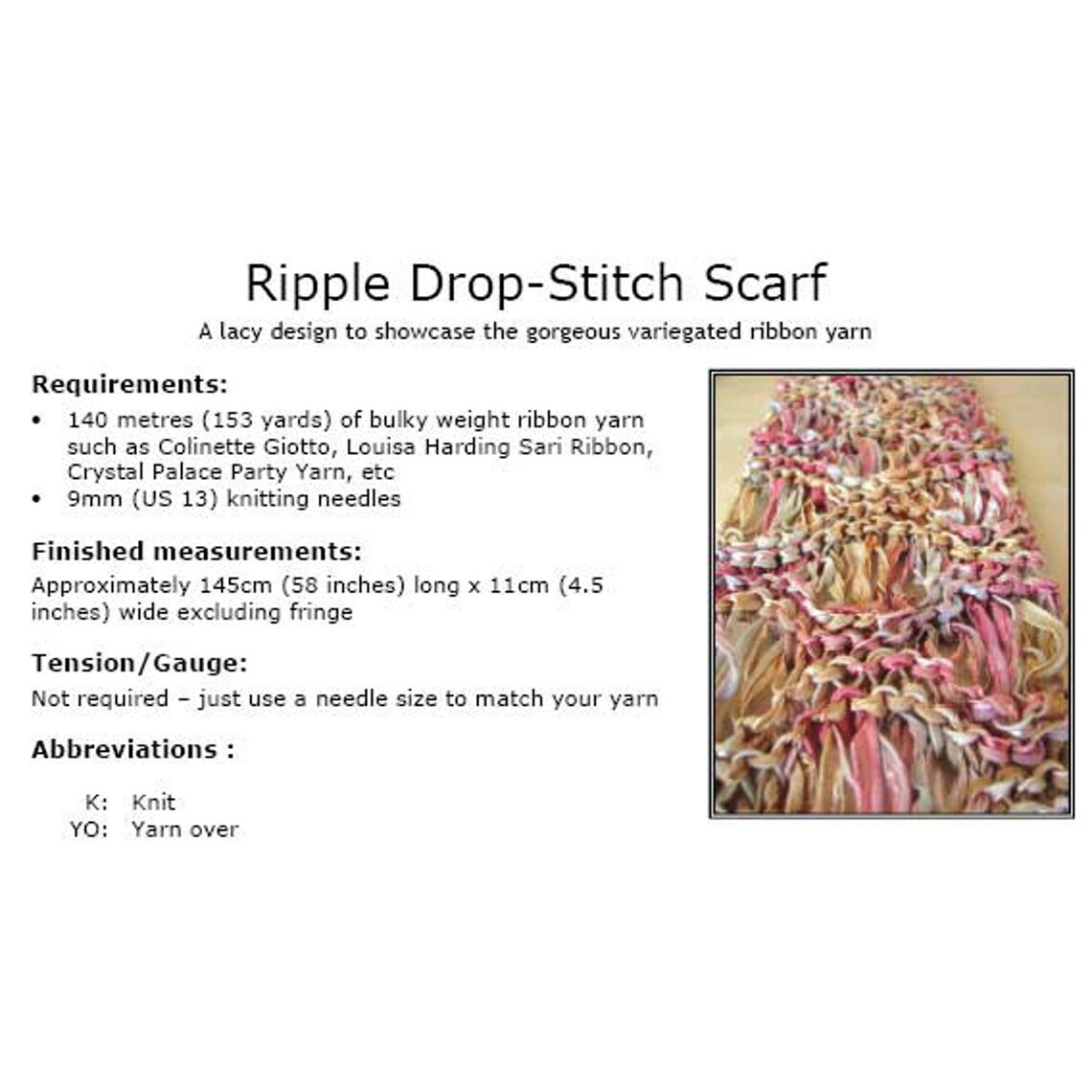 Ripple Dropstitch Scarf Pattern Pdf Using 1 Skein of Bulky Ribbon Yarn ...
