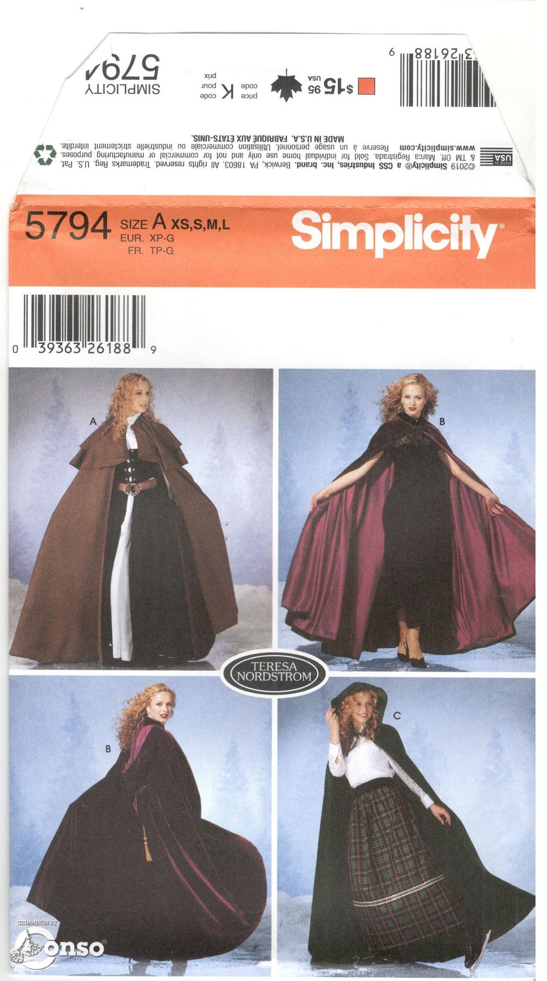 Simplicity 5794 Size XS, S, M, L Women's Hooded Cloak or Cape Sewing ...