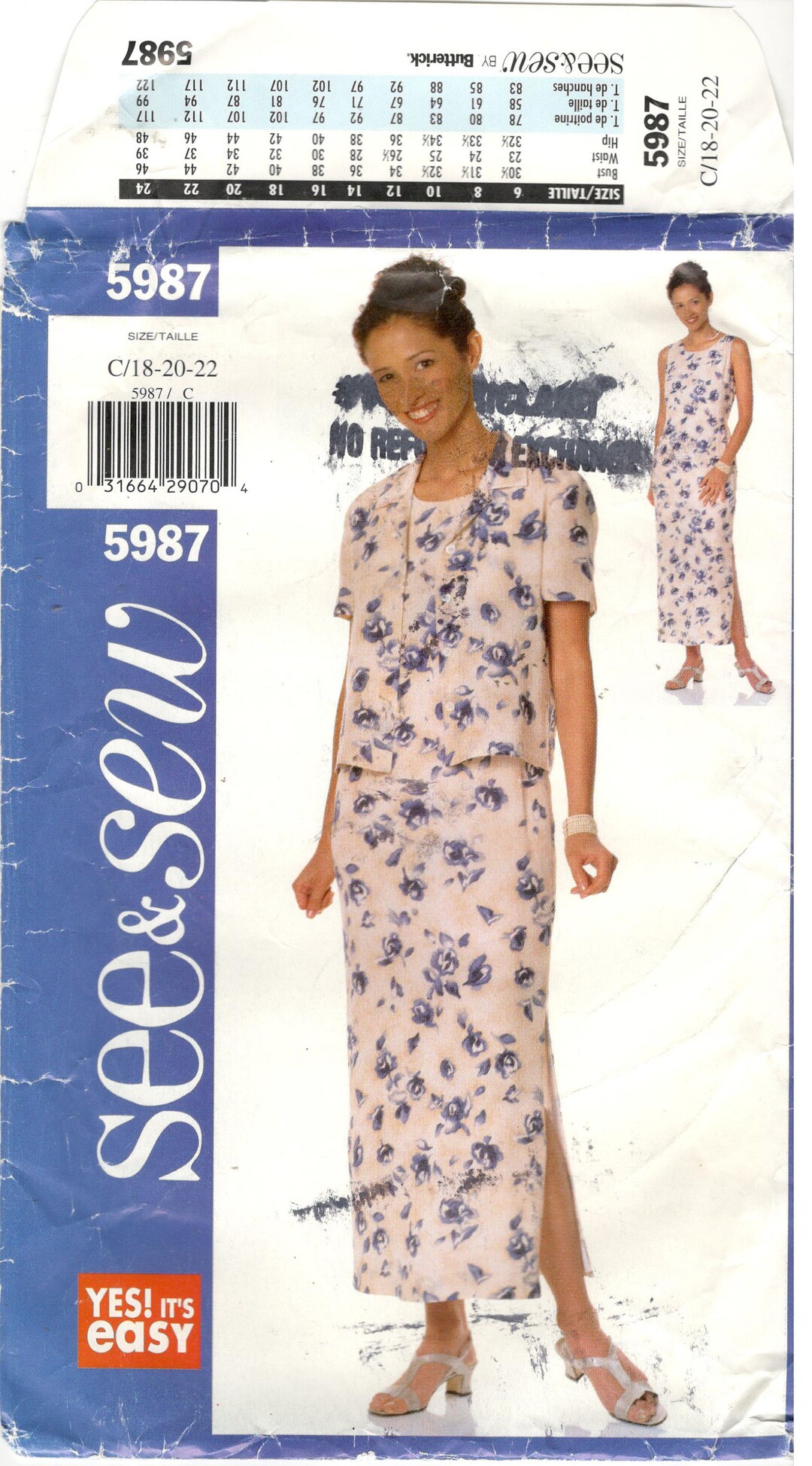 Butterick 5987 See & Sew Size 18, 20, 22 Women's Plus Size Dress Suit ...