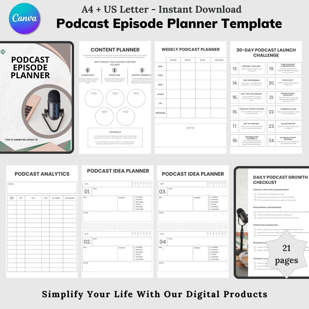 Podcast Planner, Podcast Episode Planner, Marketing Production Template ...