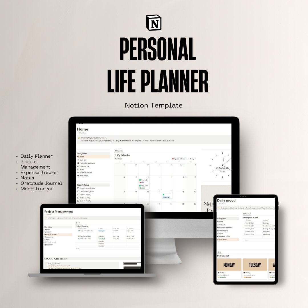Notion Personal Life Planner Template, Project Management, Expense ...