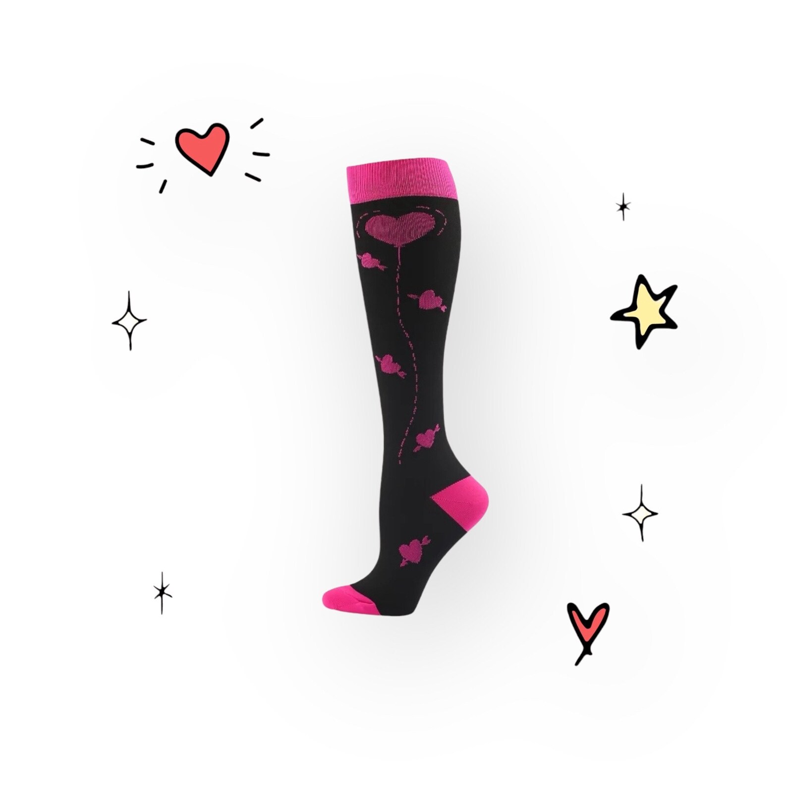 Personalized Light Compression Stockings Pink Hearts on Black 15-20 ...