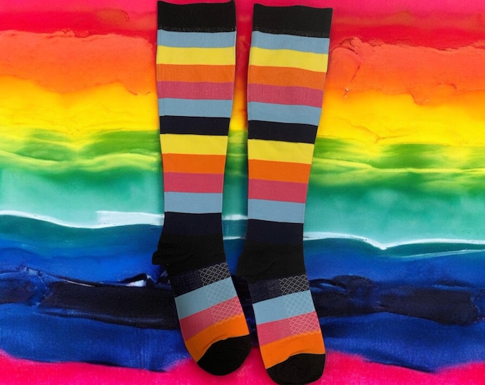 Personalized Light Compression Stockings Pink Rainbow Stripes 15-20 ...