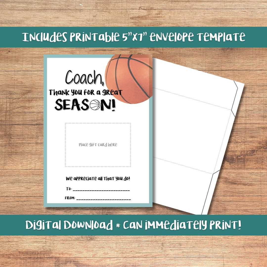 Printable Basketball Coach Thank You Card Gift Card Holder, Printable ...